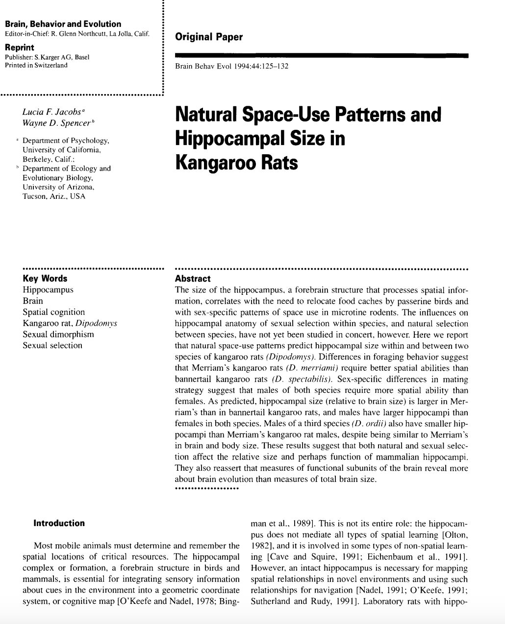 Natural Space-Use Patterns and Hippocampal Size in Kangaroo Rats ...